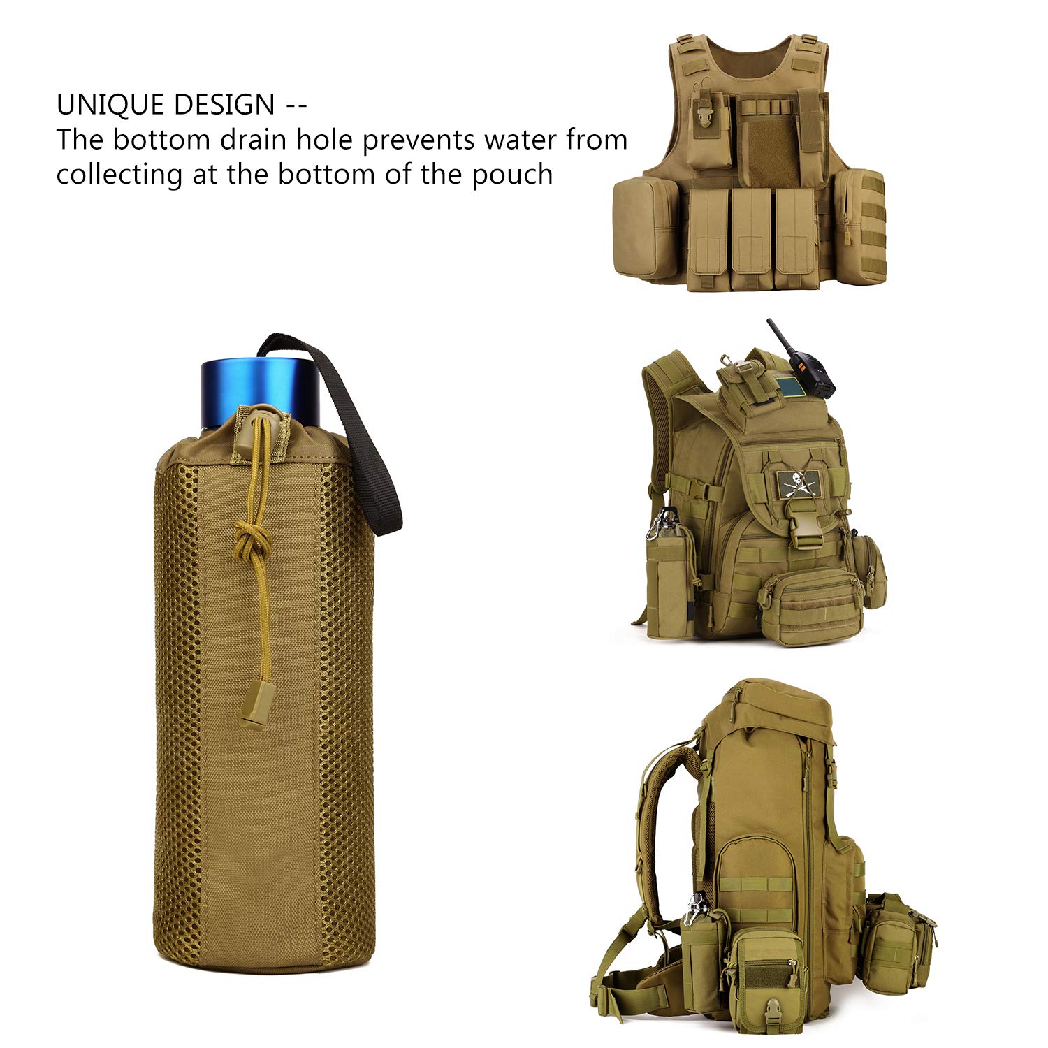 Protector Plus Tactical Water Bottles Pouch Military MOLLE Mesh Kettle Holder Bag H2O Drinks Carrier Case, Black