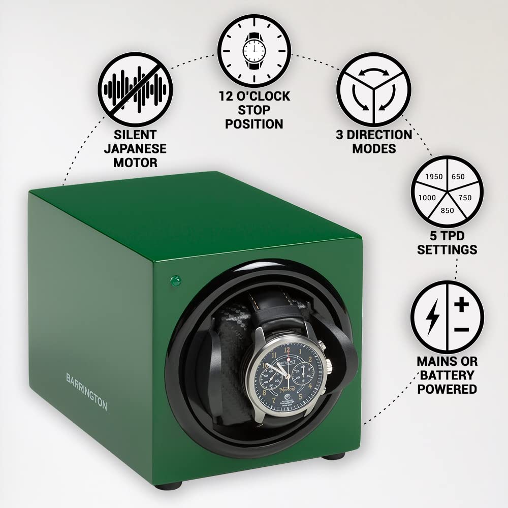 BARRINGTON Single Watch Winder for Automatic Watches with Silent Japanese Motor | Watch Winder for Rolex, Omega & Others | Adjustable TPD 650-1950 | AC Operated | Battery Backup (Racing Green)