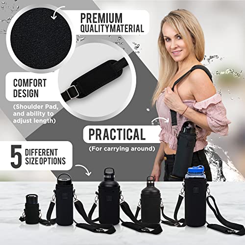 Made Easy Kit Neoprene Water Bottle Carrier Holder with Adjustable Shoulder Strap for Insulating & Carrying Water Container Canteen Flask Available in 5 Sizes (Black, L (32oz / 1.5L))