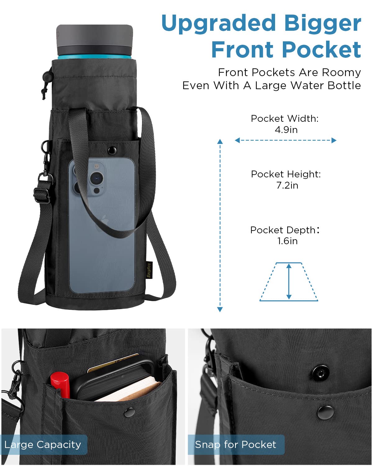 EasyAcc Water Bottle Holder Bag Strap Carrier,for 12/25/32/40 oz Universal Water Bottles[With Handle/Crossbody/Front Pockets] Water Bottle Accessories for Walking Hiking Camping Travel