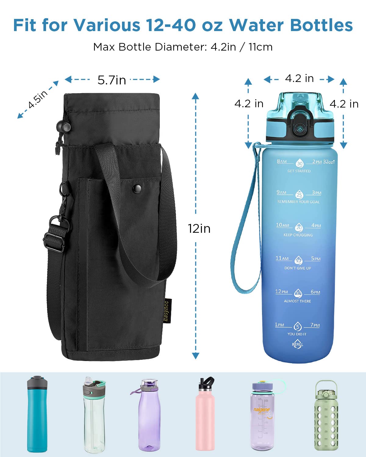 EasyAcc Water Bottle Holder Bag Strap Carrier,for 12/25/32/40 oz Universal Water Bottles[With Handle/Crossbody/Front Pockets] Water Bottle Accessories for Walking Hiking Camping Travel