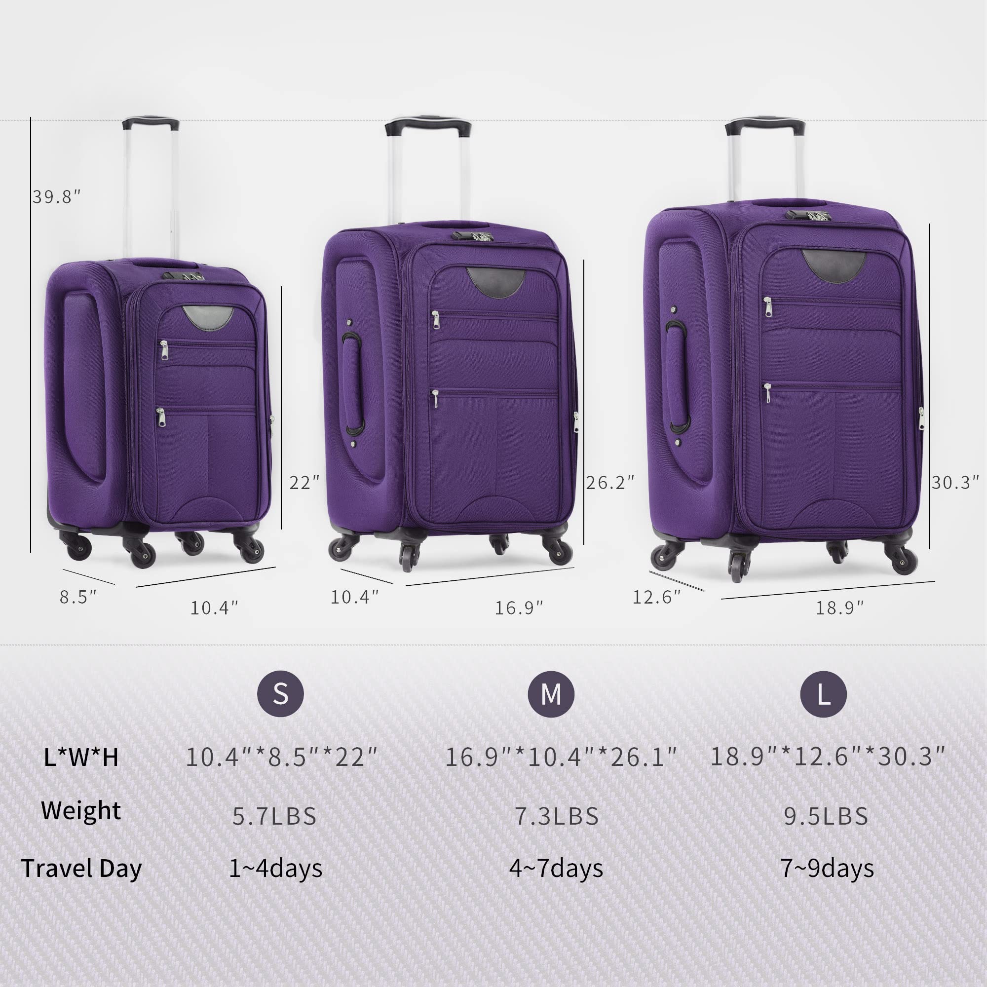 Merax Softside Luggage Set, Travel Suitcase Expandable Lightweight, 3 Piece Luggage Sets with Spinner Wheels 22" 26" 30" Suitcase with TSA Lock (Purple)
