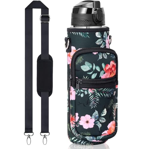 Fimibuke 32 oz Water Bottle with Sleeve - BPA Free Leakproof Sport Large 1L Plastic Motivational Water Bottle with Straw Strap Insulated Neoprene Holder Carrier Bag for Women Men(A9.Retro Rose)