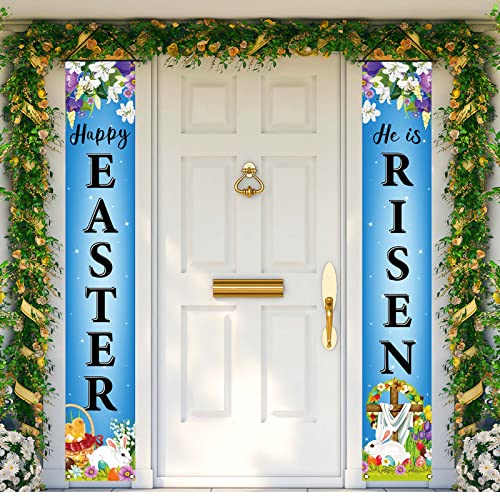 FARMNALL Easter He is Risen Porch Banner Bunny Egg Rabbit Party Front Door Sign Wall Hanging Spring Lily Cross Decorations and Supplies for Home Office Farmhouse Holiday Decor