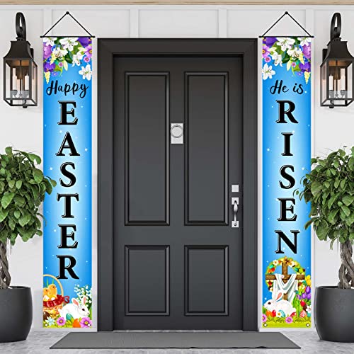 FARMNALL Easter He is Risen Porch Banner Bunny Egg Rabbit Party Front Door Sign Wall Hanging Spring Lily Cross Decorations and Supplies for Home Office Farmhouse Holiday Decor