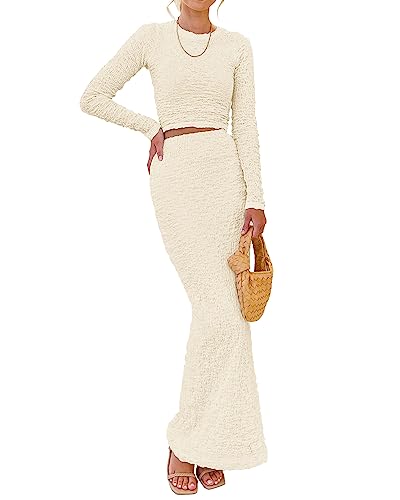 BTFBM Women's Fashion 2 Piece Outfits 2023 Fall Winter Long Sleeve Bodycon Pullover Tops Ruched Mermaid Maxi Skirt Set(Solid Beige, Large)