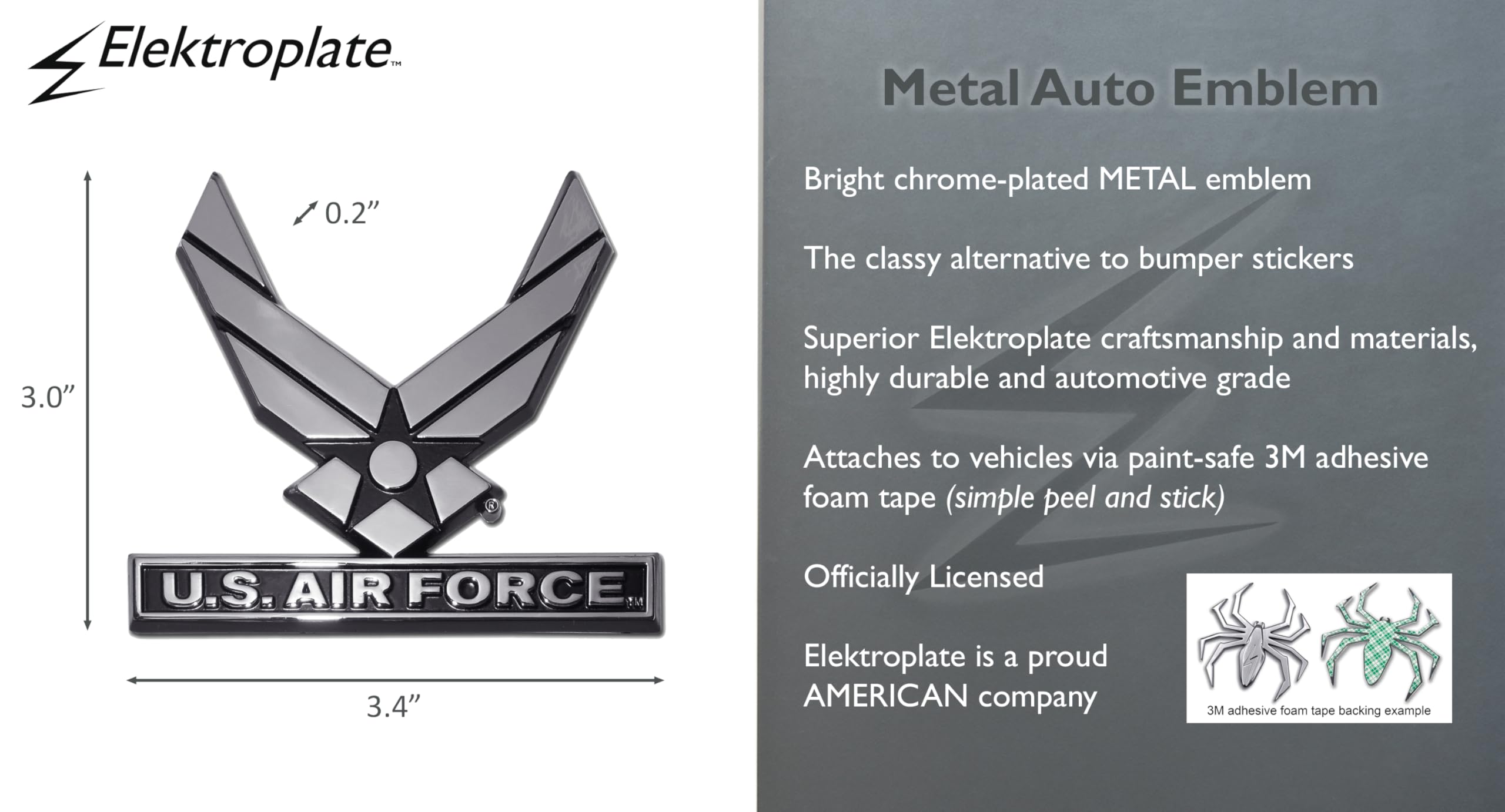 Elektroplate Officially Licensed U.S. Air Force Wings Chrome Auto All Metal Emblem for Cars, Trucks, and All Auto | Universal Fit at 3" x 3.4" | Weatherproof