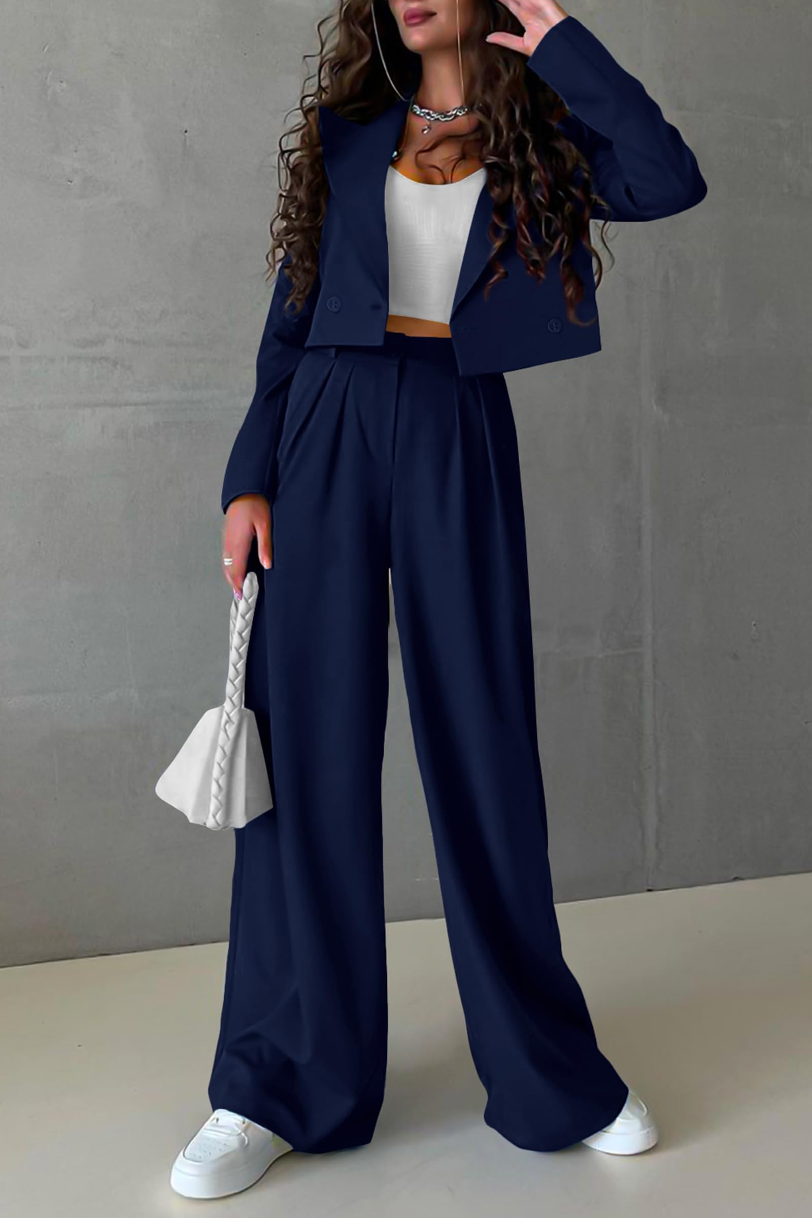 PRETTYGARDEN Women's 2 Piece Casual Outfits Cropped Blazer Jackets High Waisted Wide Leg Work Pants Suit Set (Navy,Large)
