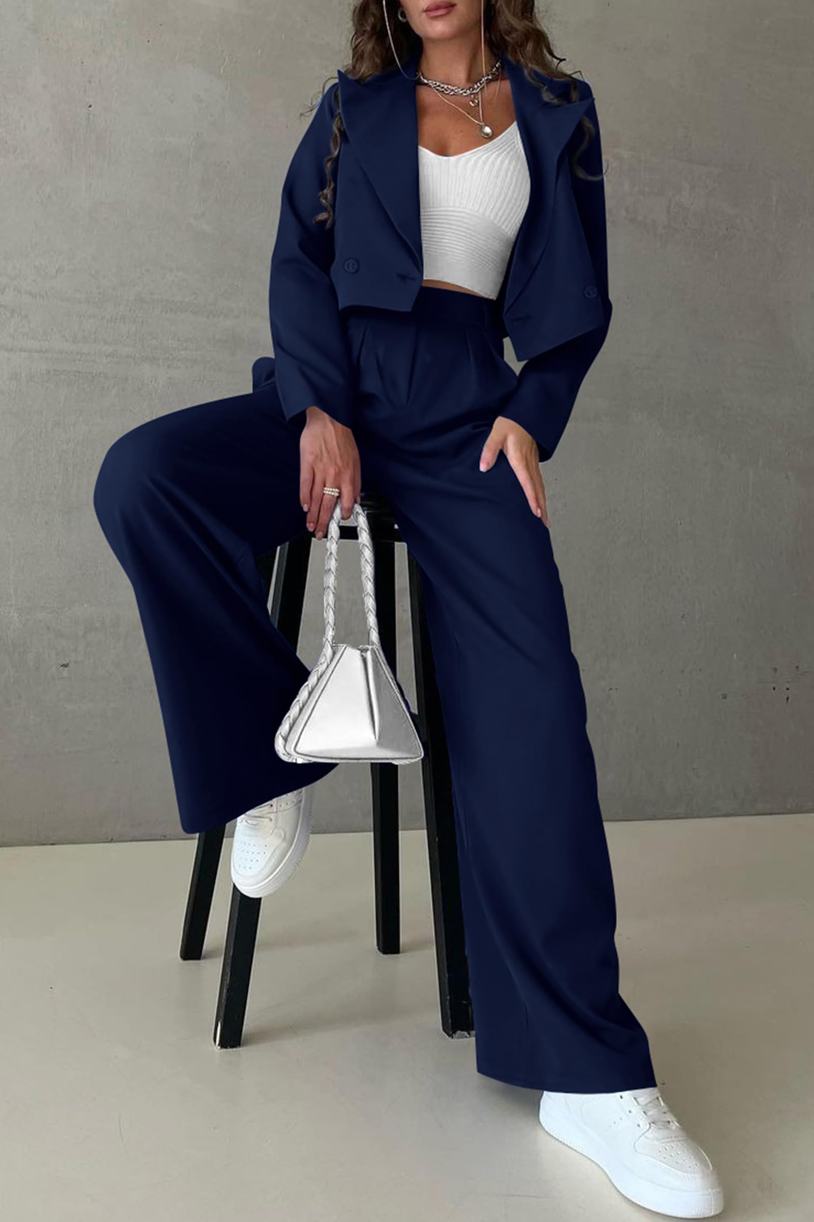 PRETTYGARDEN Women's 2 Piece Casual Outfits Cropped Blazer Jackets High Waisted Wide Leg Work Pants Suit Set (Navy,Large)