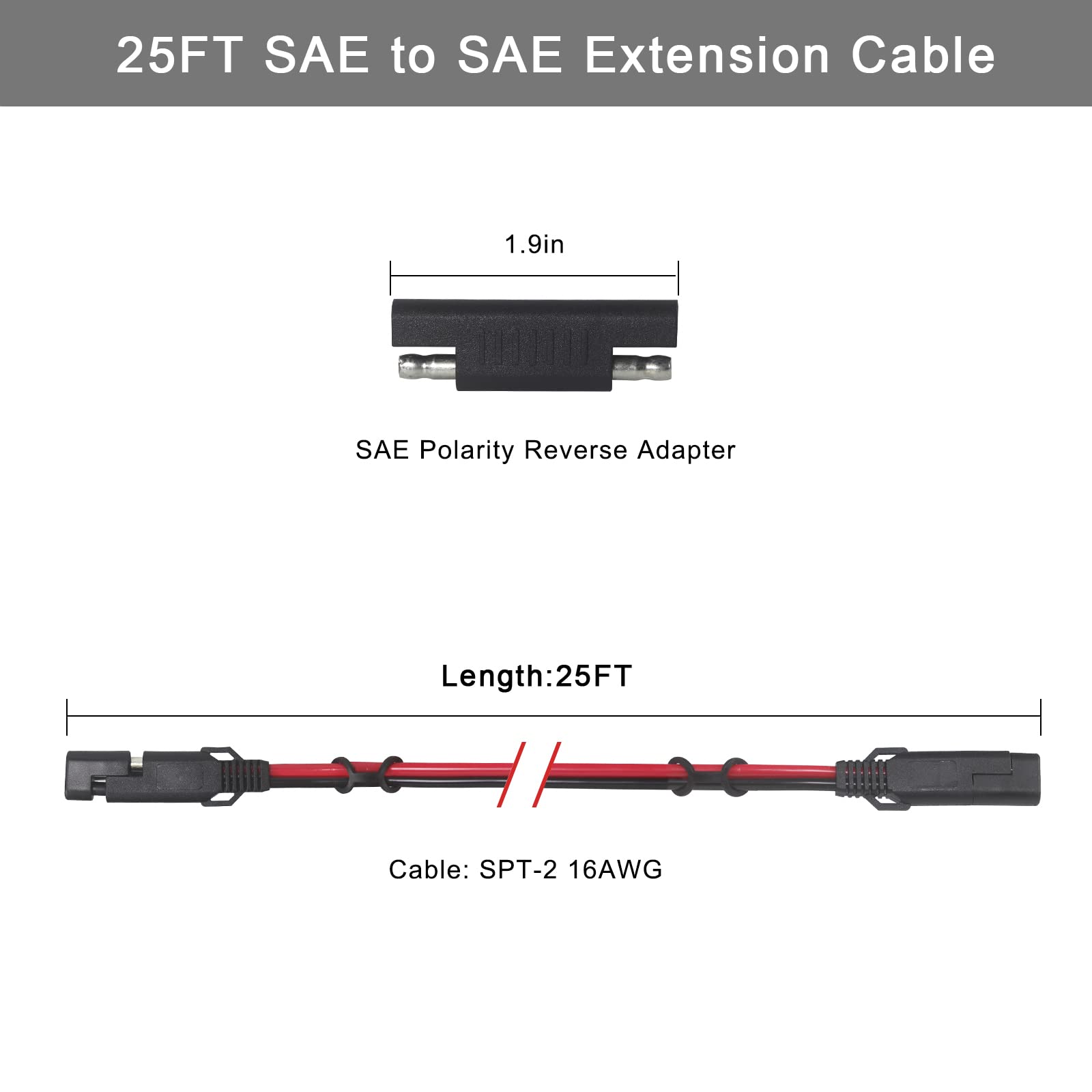 KUNCAN 25FT SAE to SAE 2 Pin Extension Cable DC Power 16awg Heavy Duty Battery Quick Disconnect/Connect Wire Harness with SAE Connectors with Dust Cap