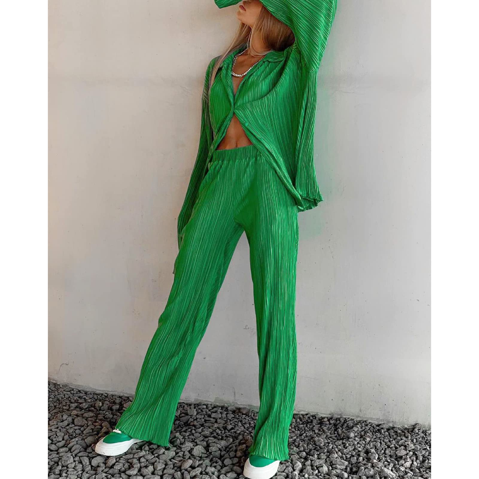 Womens 2 Piece outfits - Long Sleeve +Short Pants Button Blouse Top Wide Leg Loose Streetwear Loungewear