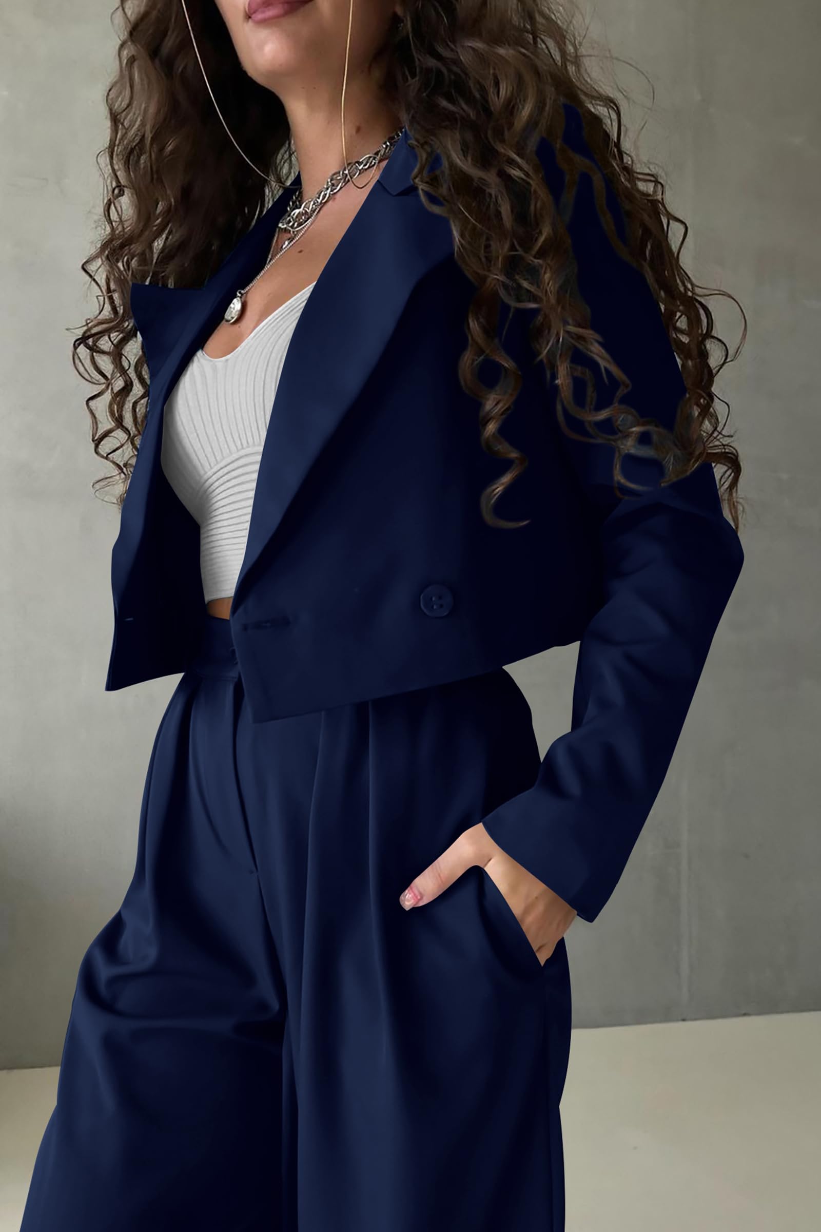 PRETTYGARDEN Women's 2 Piece Casual Outfits Cropped Blazer Jackets High Waisted Wide Leg Work Pants Suit Set (Navy,Large)