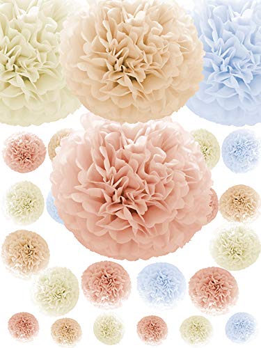 Natural Neutral Colors Tissue Paper Pom Poms [24 Pack - Sizes 14", 10", 8", 6" in White, Champagne, Peach, Ivory] Party Decor Pompoms - Paper Flowers for Weddings, Showers & Room Decorations