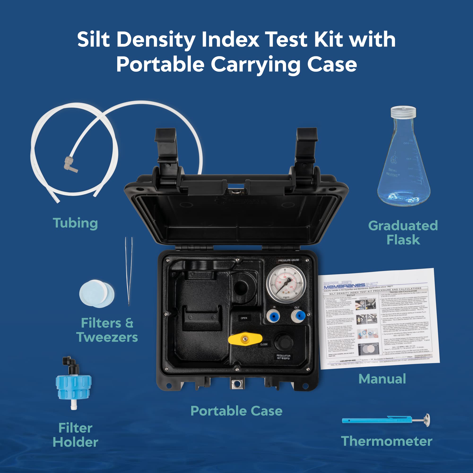 Applied Membranes Silt Density Index Test Kit, SDI Tester in Portable Carrying Case for Onsite Water Testing, Includes 2 SDI Test Filters