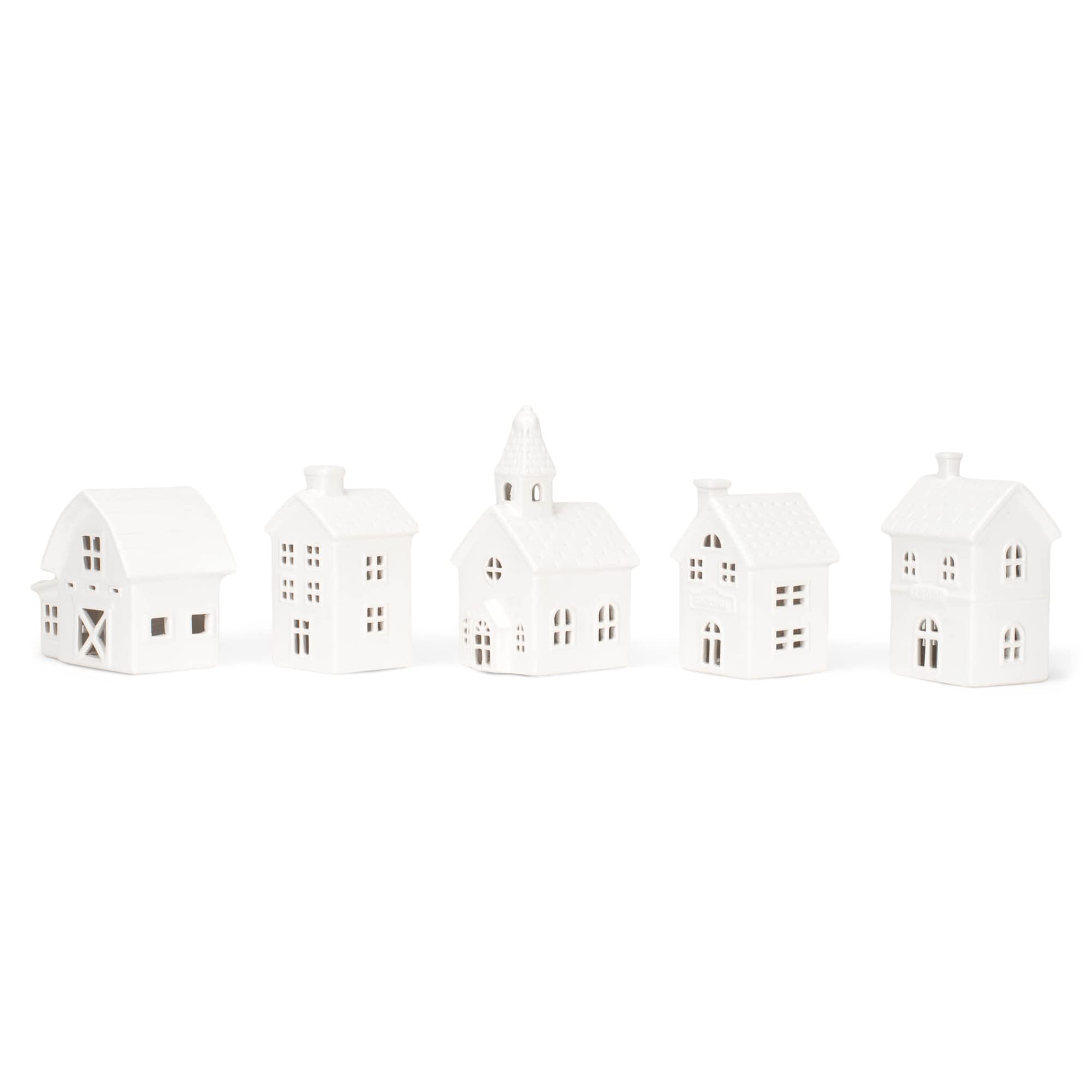 Mark Feldstein & Associates Village with Trees Winter White Glazed Porcelain Holiday Tabletop Figurines, Set of 11, 7 Inch