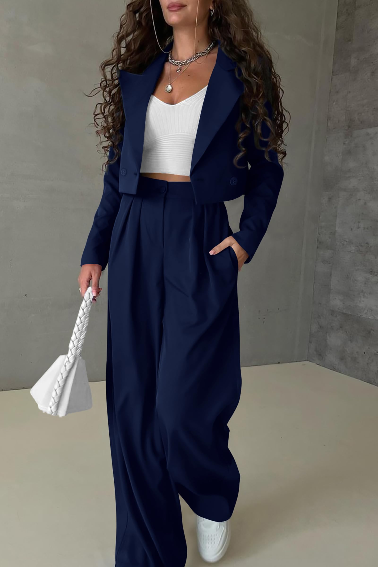 PRETTYGARDEN Women's 2 Piece Casual Outfits Cropped Blazer Jackets High Waisted Wide Leg Work Pants Suit Set (Navy,Large)