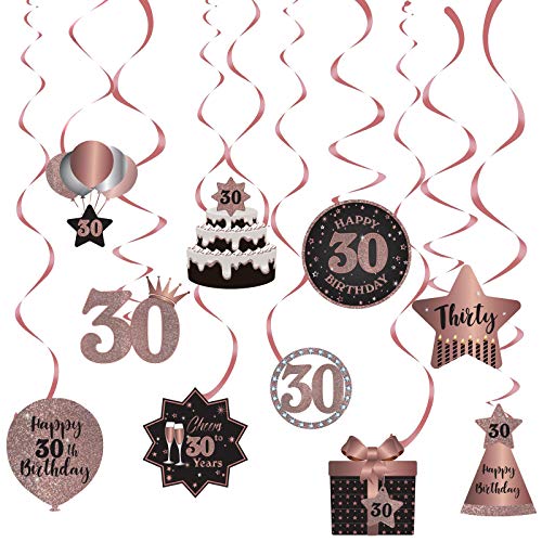 Happy 30th Birthday Party Hanging Swirls Streams Ceiling Decorations, Celebration 30 Foil Hanging Swirls with Cutouts for 30 Years Rose Gold Birthday Party Decorations Supplies