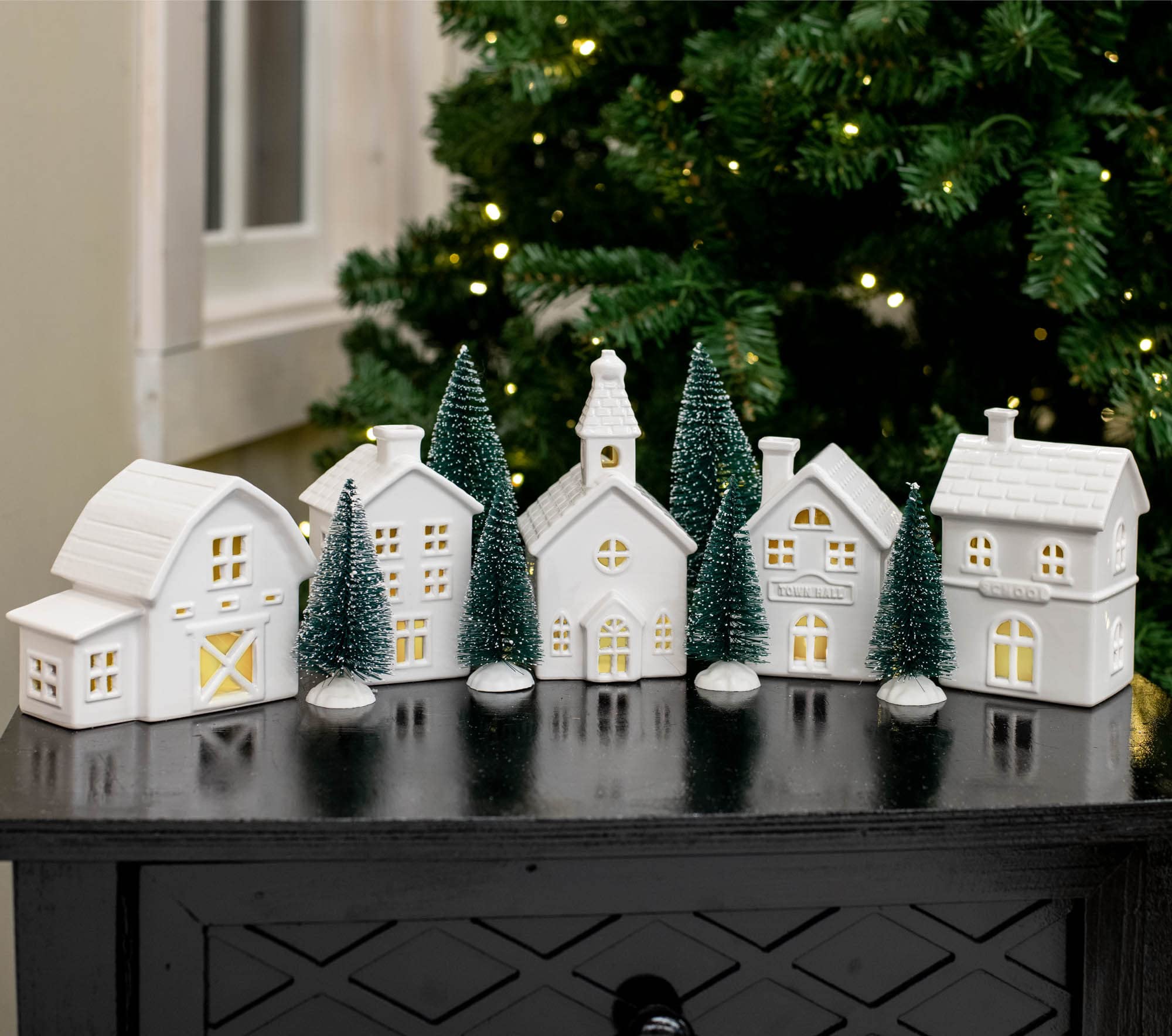 Mark Feldstein & Associates Village with Trees Winter White Glazed Porcelain Holiday Tabletop Figurines, Set of 11, 7 Inch