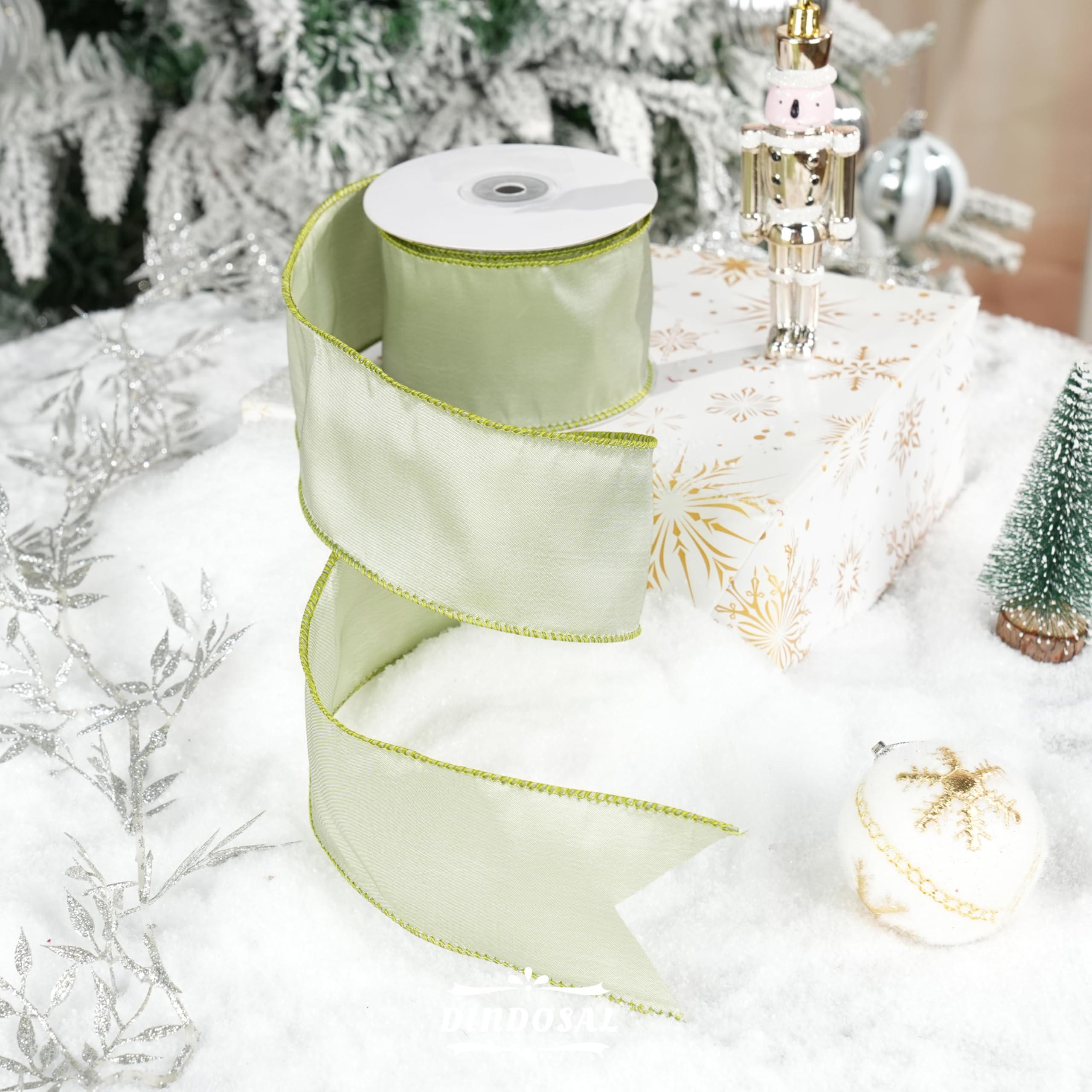 DINDOSAL Sage Green Christmas Ribbon Wired 2.5" x 10 Yard Dusty Green Wired Ribbon Green Wired Ribbon for Christmas Tree Decorations, Topper Bows, Wreaths, Crafts, Home Decor, Gift Wrapping