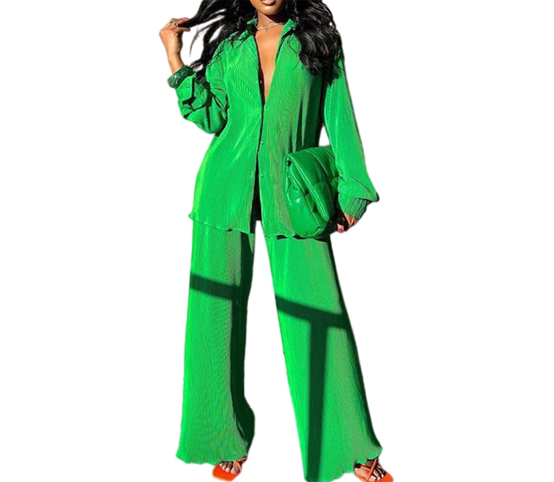 Womens 2 Piece outfits - Long Sleeve +Short Pants Button Blouse Top Wide Leg Loose Streetwear Loungewear
