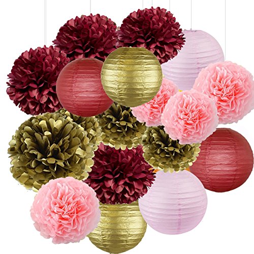 Sogorge Bridal Shower Decorations 18pcs Burgundy Pink Gold Birthday Decorations Tissue Paper Pom Pom and Paper Lanterns Photo Backdrop Wedding/Bachelorette Party Decorations