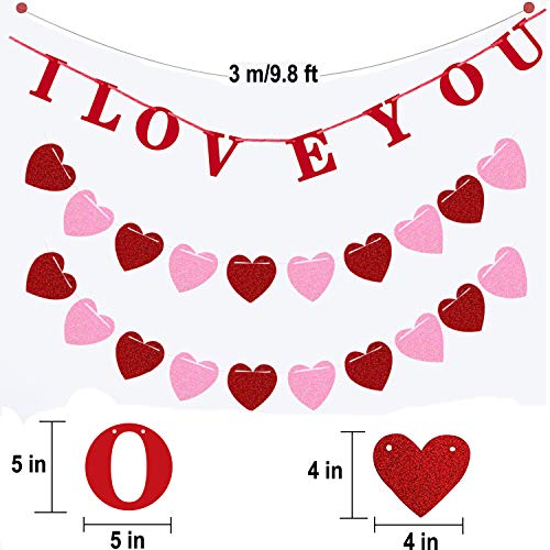 Valentine's Day Banner Decor, Red Pink Glitter Heart Garland Ribbon Hanging Decoration for Anniversary, Wedding, Birthday Party Ornaments, 28pcs with 29.5 ft Rope