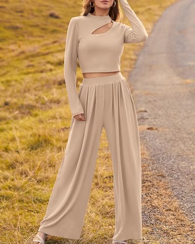 BTFBM Women's 2 Piece Tracksuit Outfits Cutout Long Sleeve Crop Top Wide Leg Pant Ribbed Knit Sweatsuits Yoga Lounge Set(Solid Khaki, Medium)