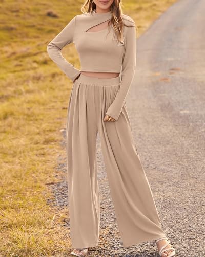 BTFBM Women's 2 Piece Tracksuit Outfits Cutout Long Sleeve Crop Top Wide Leg Pant Ribbed Knit Sweatsuits Yoga Lounge Set(Solid Khaki, Medium)