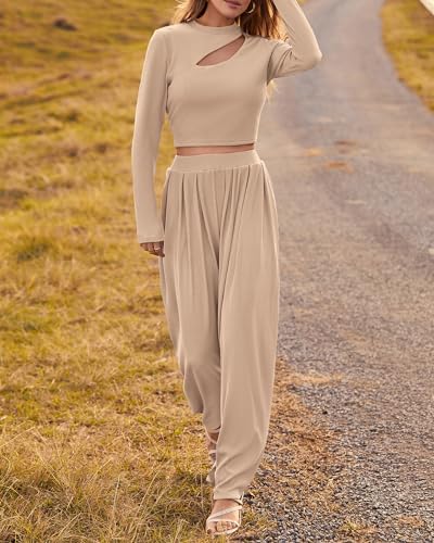 BTFBM Women's 2 Piece Tracksuit Outfits Cutout Long Sleeve Crop Top Wide Leg Pant Ribbed Knit Sweatsuits Yoga Lounge Set(Solid Khaki, Medium)