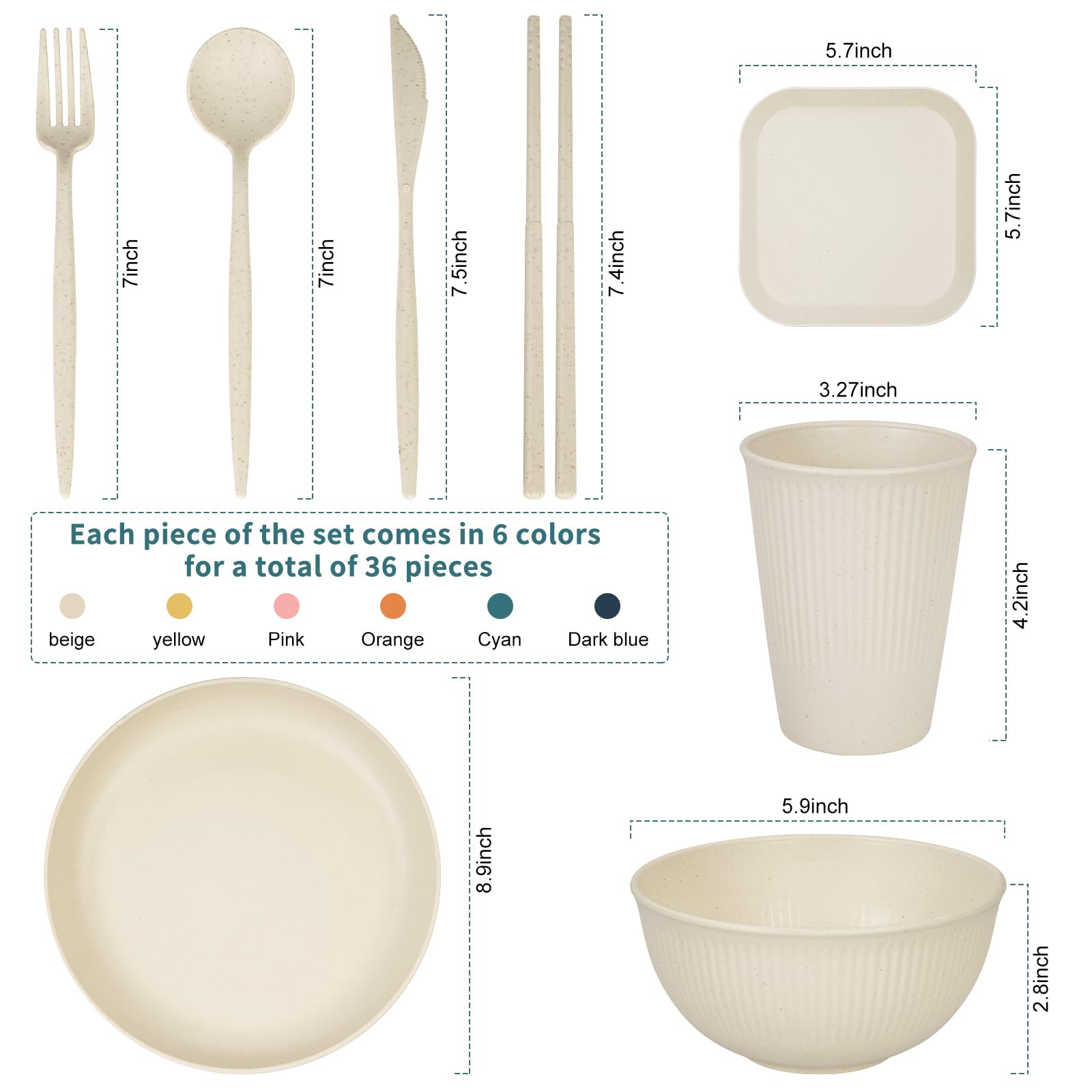Straw Dinnerware Set - 54 Pcs Unbreakable Dish Set, Reusable Straw Plates and Bowls Sets Outdoor Camping Dishes Service for 6, Microwave and Dishwasher Safe (Multicolor)
