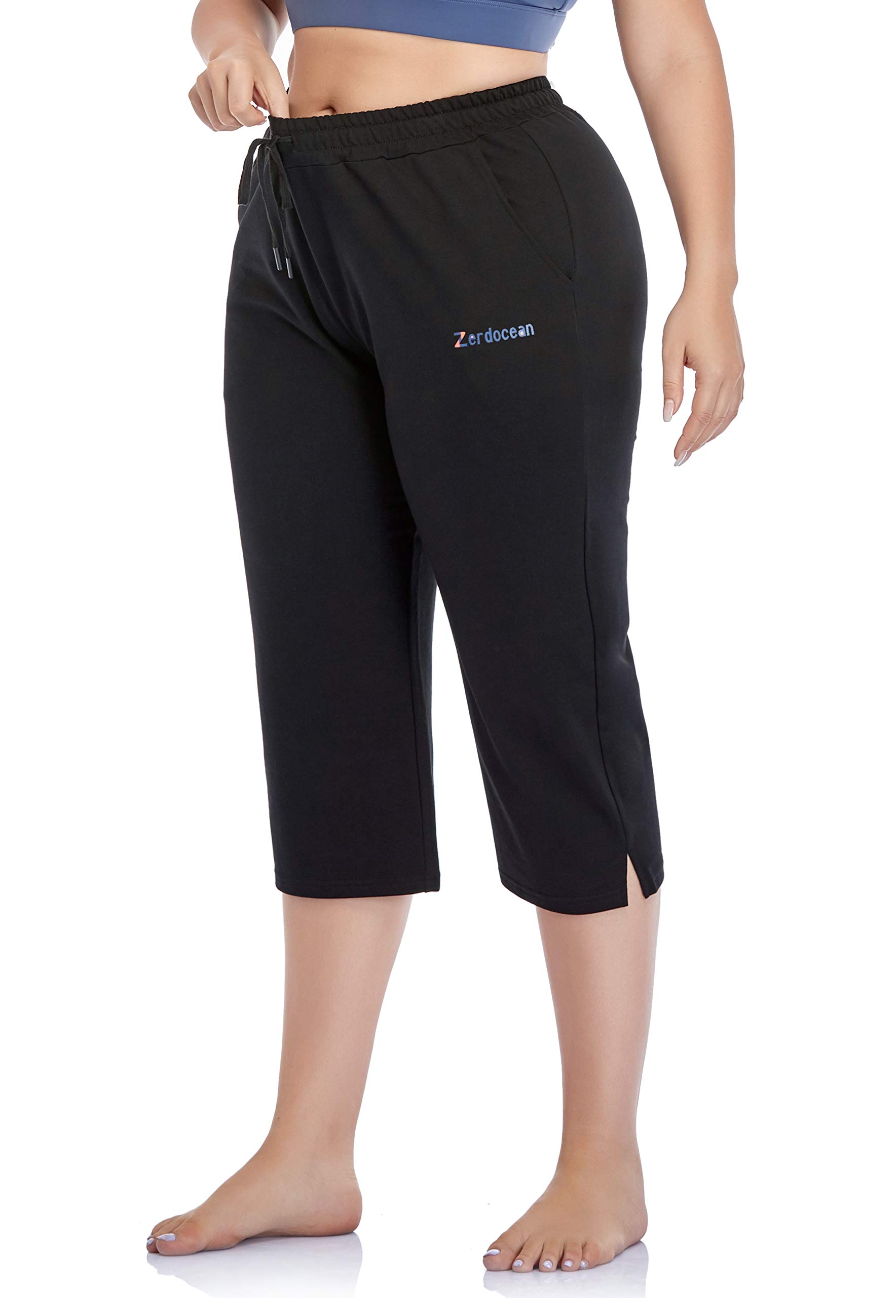 ZERDOCEAN Women's Plus Size Active Yoga Lounge Indoor Jersey Capri Walking Crop Pants Pockets Drawstring Black 2X