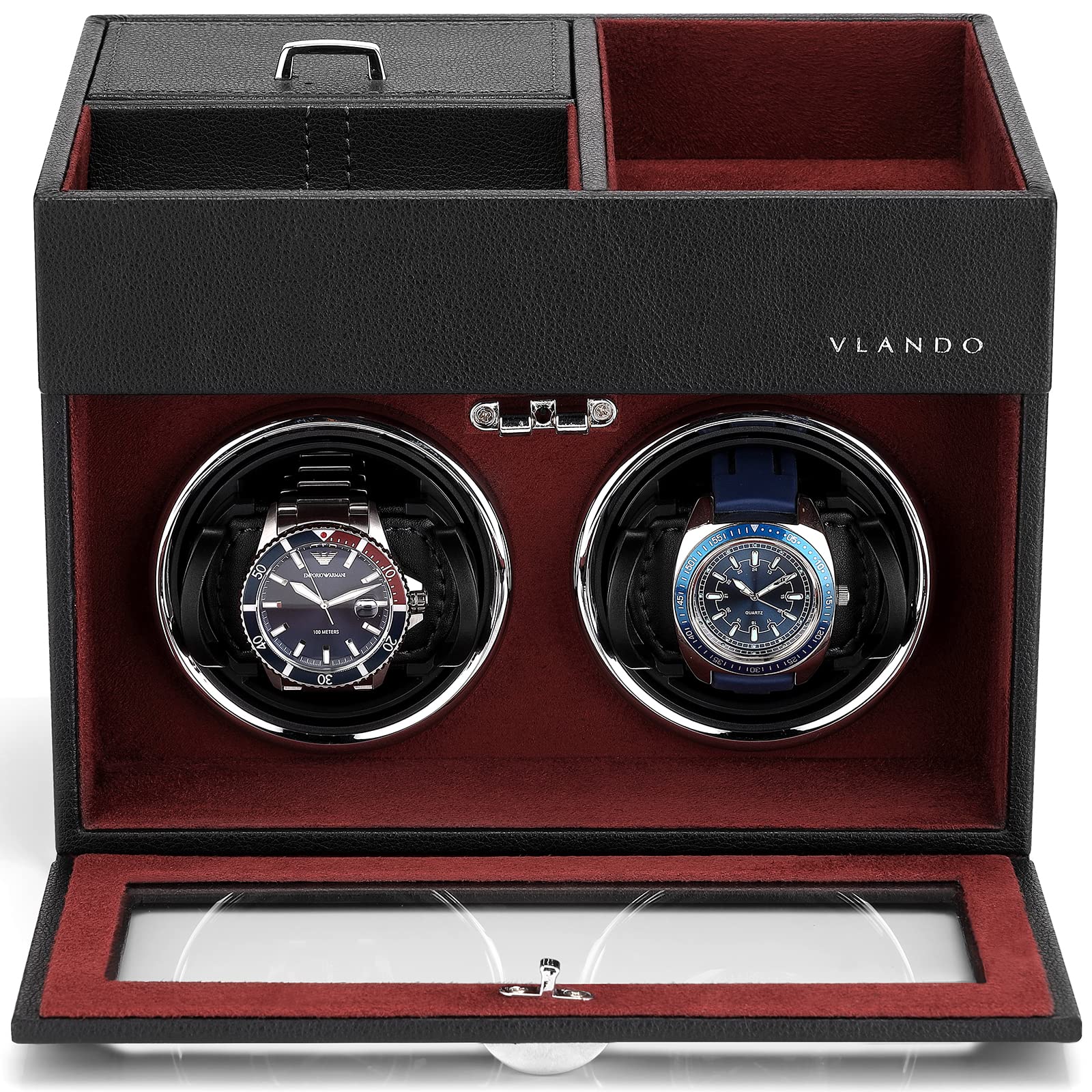 Vlando Automatic Double Watch Winder - Watch Winder Box with Men Jewelry Organizer Tray, Japanese Quiet Motor, LED Light, Adjustable Watch Pillows - Red