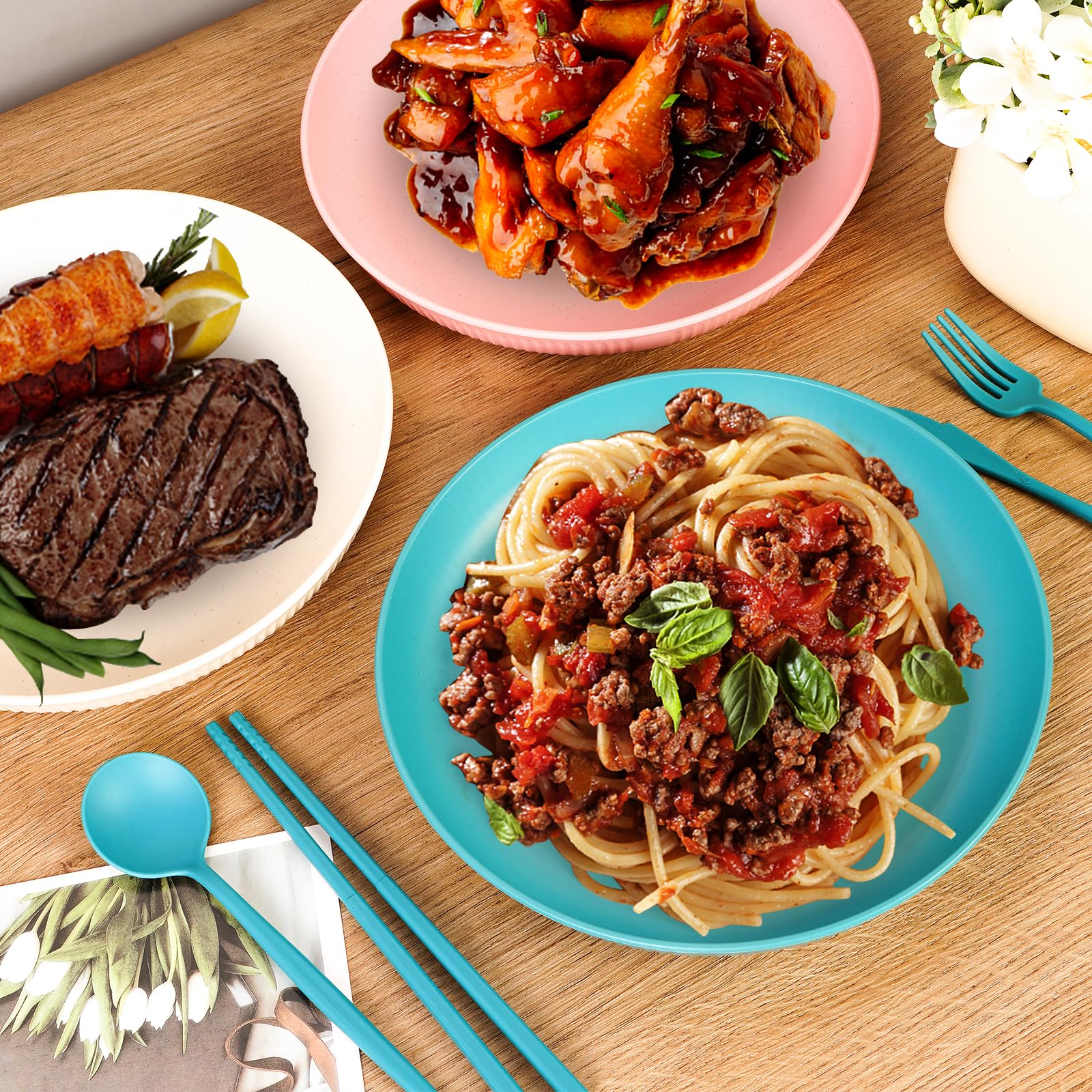 Straw Dinnerware Set - 54 Pcs Unbreakable Dish Set, Reusable Straw Plates and Bowls Sets Outdoor Camping Dishes Service for 6, Microwave and Dishwasher Safe (Multicolor)