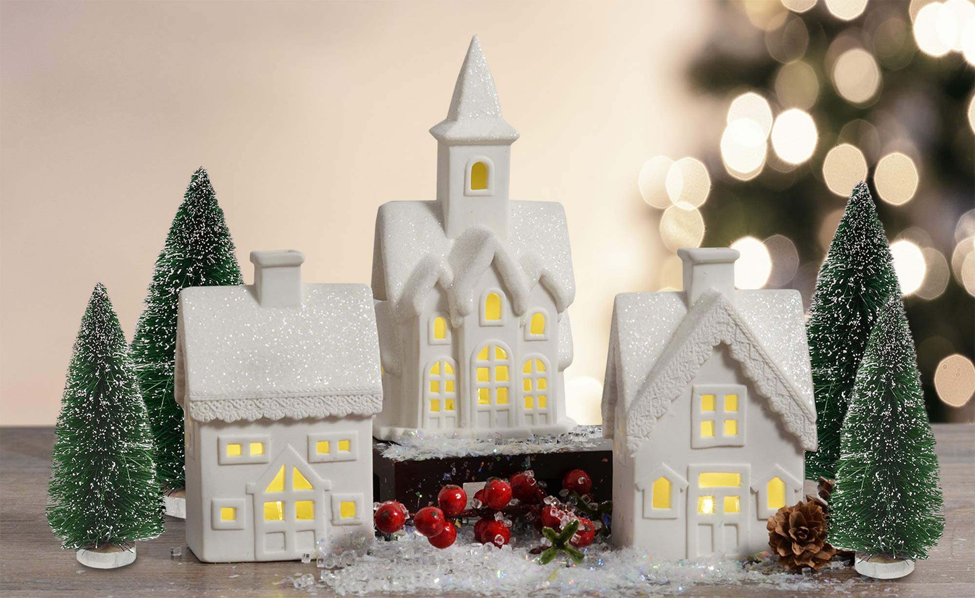 Mark Feldstein & Associates Village with Trees White Unglazed Porcelain Christmas Figurines, 7 Piece Set, 5 Inch
