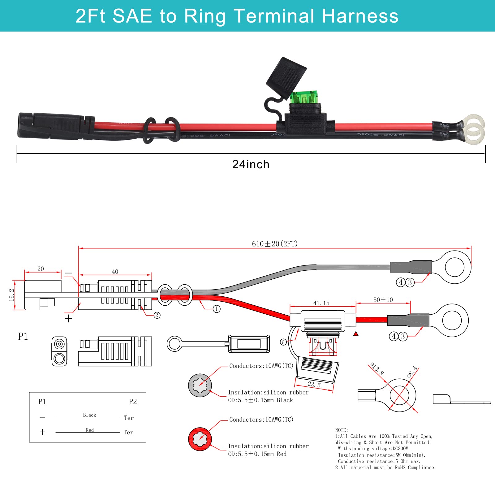 [5 Pack] 2FT SAE to O Ring Terminal Harness 10AWG - Eyelet O-Ring Terminal 10Gauge Harness with 30A Fuse,Battery Trickle Charger Cable for Motorcycle,SAE Quick Connect/Disconnect Charging Cord