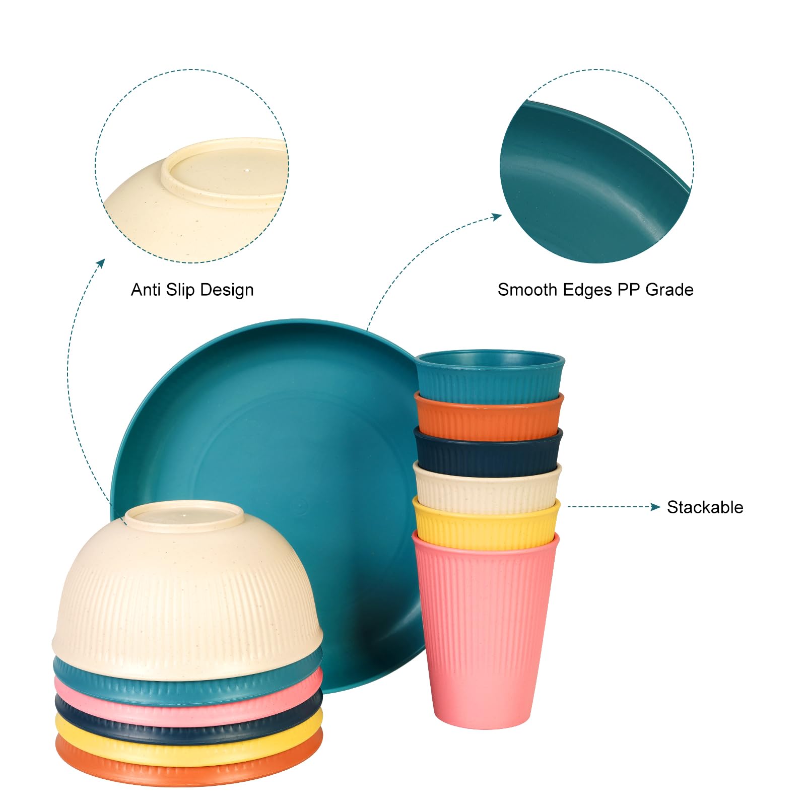 Straw Dinnerware Set - 54 Pcs Unbreakable Dish Set, Reusable Straw Plates and Bowls Sets Outdoor Camping Dishes Service for 6, Microwave and Dishwasher Safe (Multicolor)