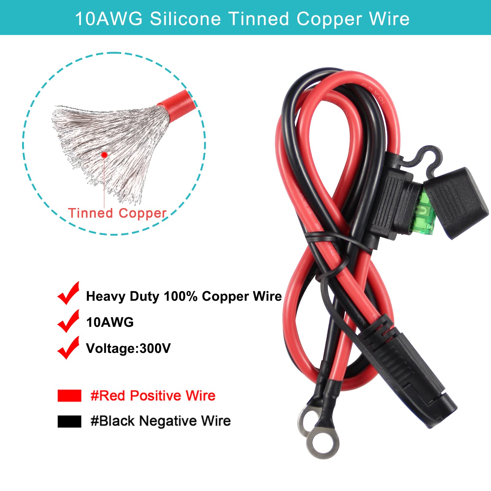 [5 Pack] 2FT SAE to O Ring Terminal Harness 10AWG - Eyelet O-Ring Terminal 10Gauge Harness with 30A Fuse,Battery Trickle Charger Cable for Motorcycle,SAE Quick Connect/Disconnect Charging Cord
