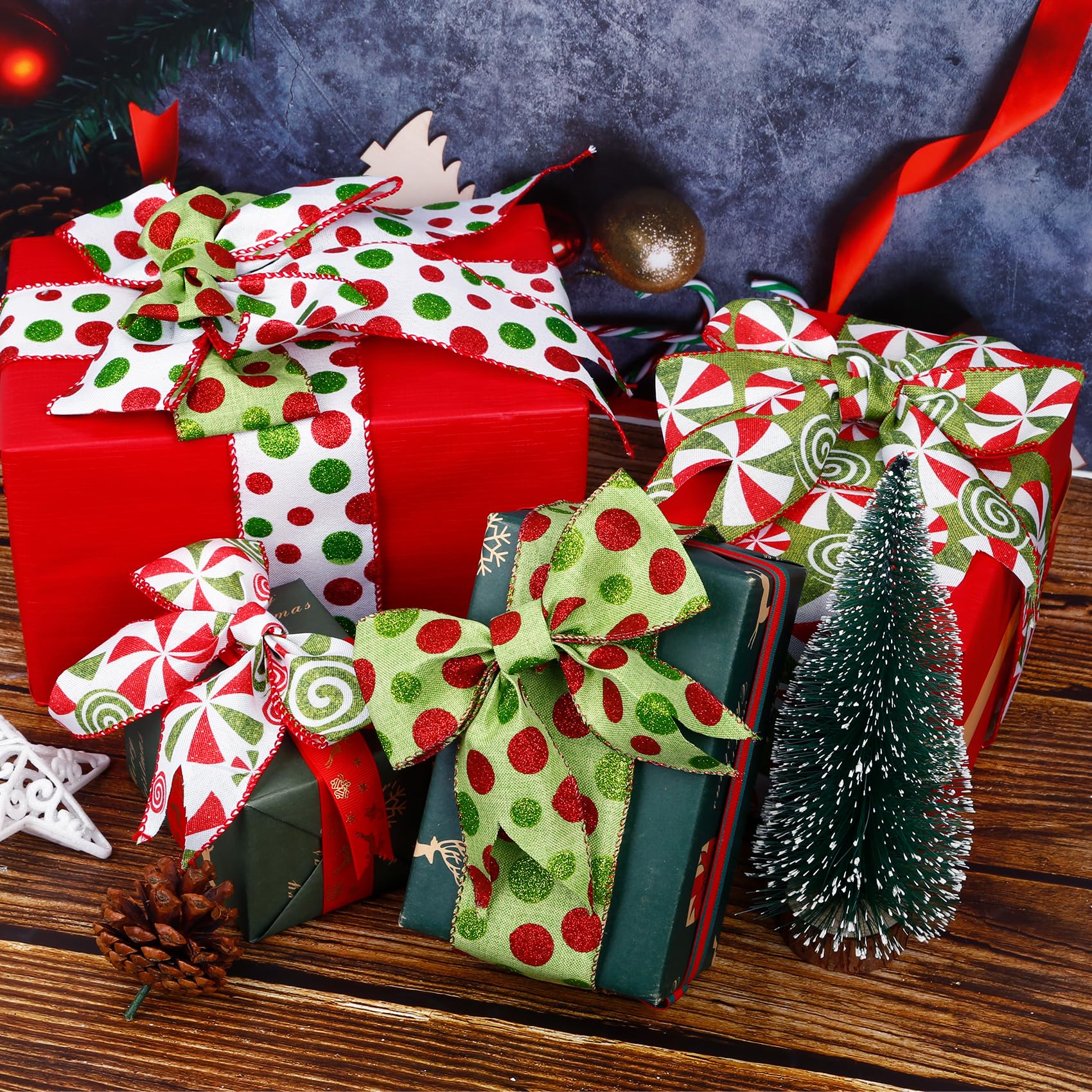 Christmas Ribbon Wired 24 Yard 2.5 Inch Wide Christmas Tree Ribbon Candy Dot Ribbon for Wrapping, Christmas Tree, Wreath, Garland, Home Decor