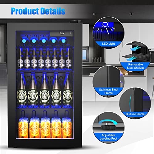 COSTWAY Beverage Refrigerator and Cooler - 120 Can Mini Fridge with Glass Door, Removable Shelves for Soda Beer Wine, Small Drink Refrigerator for Home Office Bar, 3.2 cu.ft.
