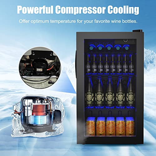 COSTWAY Beverage Refrigerator and Cooler - 120 Can Mini Fridge with Glass Door, Removable Shelves for Soda Beer Wine, Small Drink Refrigerator for Home Office Bar, 3.2 cu.ft.