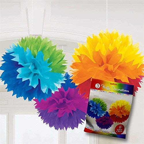 amscan Party Decorations, Fluffy Paper Decorations, Party Supplies, Rainbow, 16 inches, 3 ct (10111717)