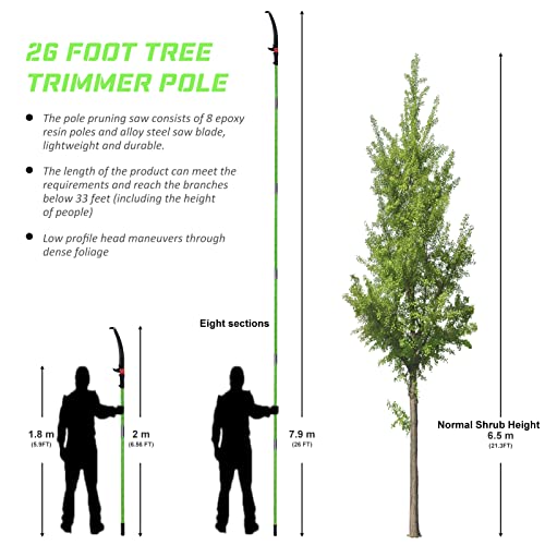 MEFBANT Pole Saws for Tree Trimming 26 feet Tree Trimmer Long handle, Tree Pruner Manual Pole saws for Tree Trimming, knives with Storage Pocket, Black (gzj005)