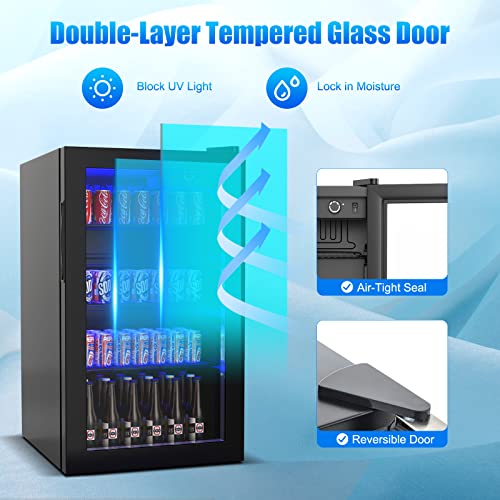 COSTWAY Beverage Refrigerator and Cooler - 120 Can Mini Fridge with Glass Door, Removable Shelves for Soda Beer Wine, Small Drink Refrigerator for Home Office Bar, 3.2 cu.ft.