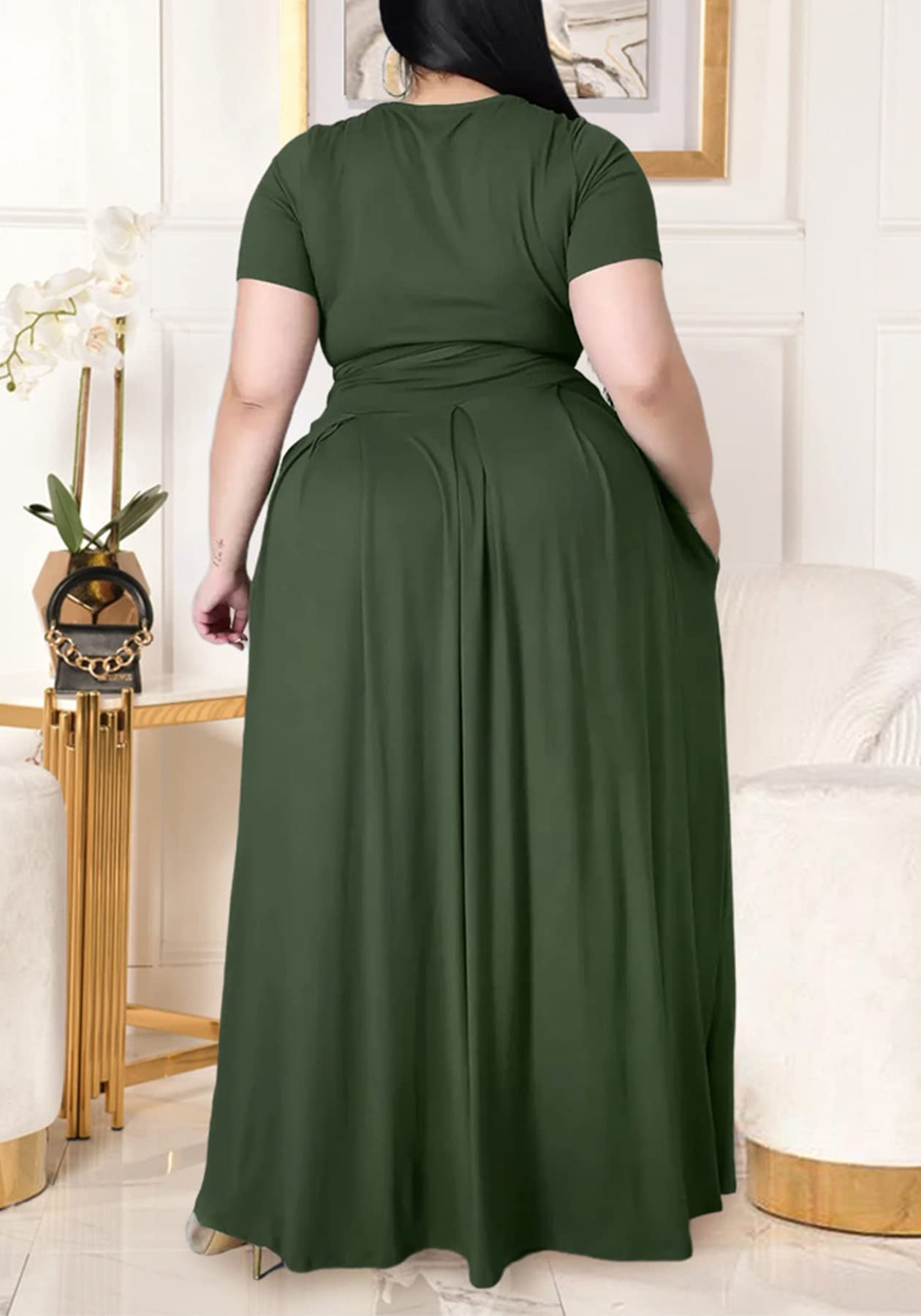 Summer Women's Plus Size 2 Piece Dress Sets Printed High Waisted Maxi Dress Sets Clubwear Tracksuit-Green