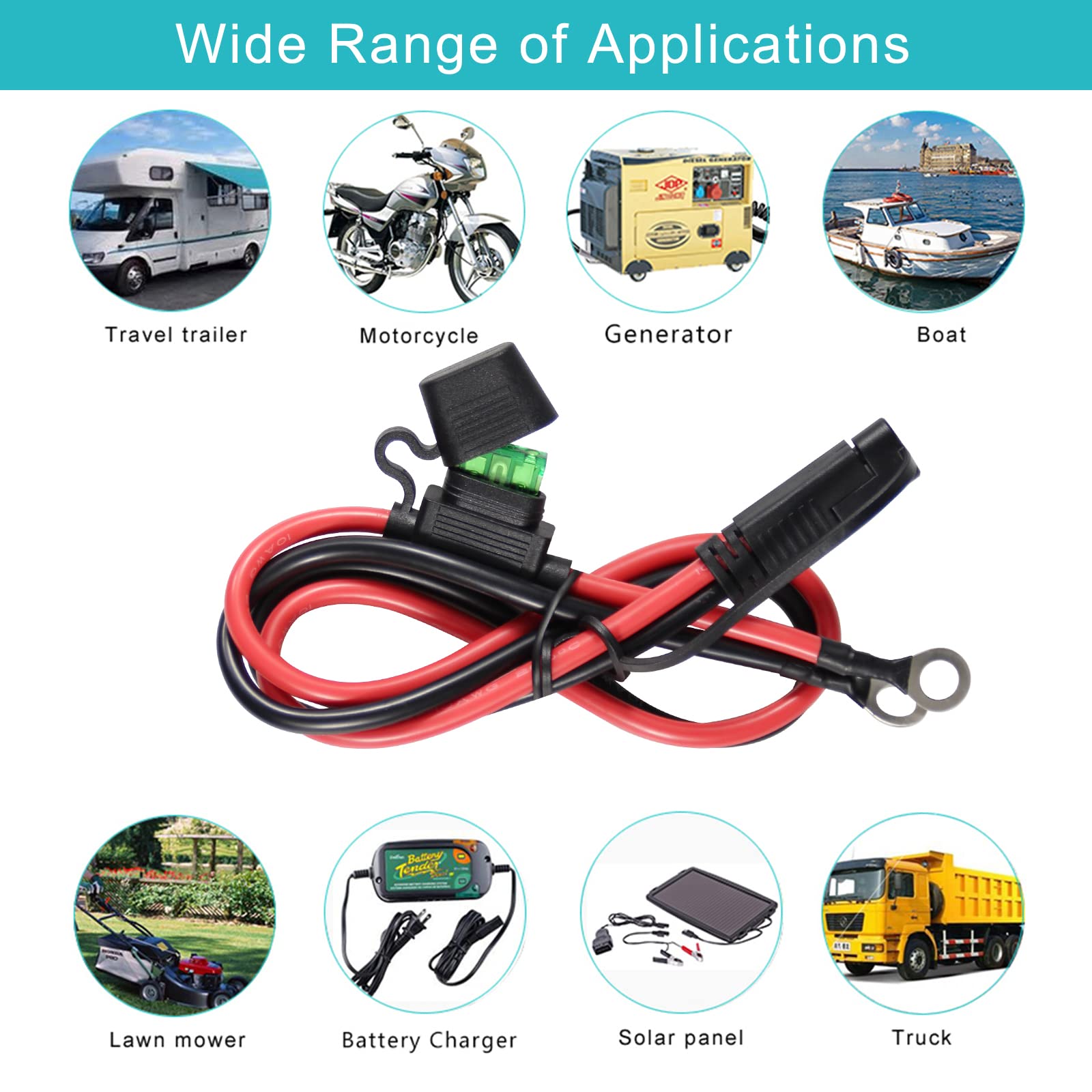 [5 Pack] 2FT SAE to O Ring Terminal Harness 10AWG - Eyelet O-Ring Terminal 10Gauge Harness with 30A Fuse,Battery Trickle Charger Cable for Motorcycle,SAE Quick Connect/Disconnect Charging Cord