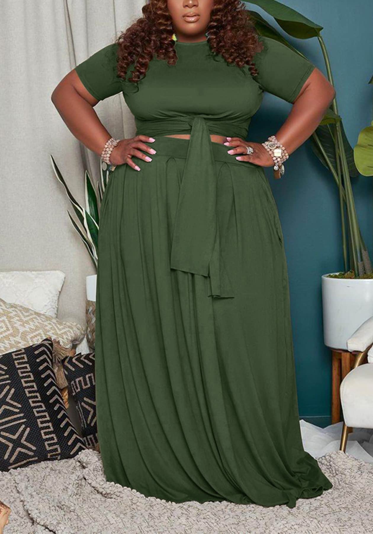 Summer Women's Plus Size 2 Piece Dress Sets Printed High Waisted Maxi Dress Sets Clubwear Tracksuit-Green