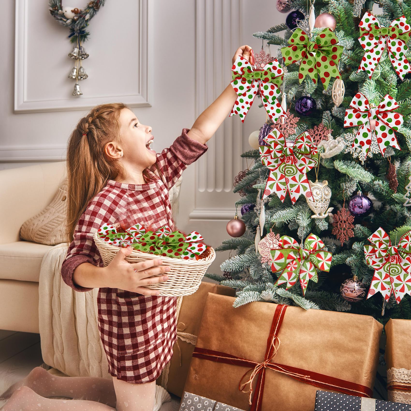 Christmas Ribbon Wired 24 Yard 2.5 Inch Wide Christmas Tree Ribbon Candy Dot Ribbon for Wrapping, Christmas Tree, Wreath, Garland, Home Decor