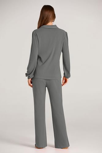 PRETTYGARDEN Women's Fall 2024 Two Piece Tracksuit Outfit Long Sleeve Lapel V Neck Tops Blouses Wide Leg Pants Matching Set (Grey,Large)
