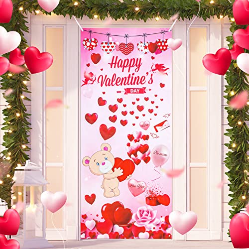 Happy Valentine's Day Door Cover Large Fabric Valentines Day Accessories Hanging Holiday Door Streamers Romantic Valentines Decorations Heart Flower Bear Backdrop Banner for Indoor Outdoor Party Decor