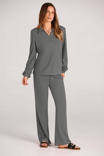 PRETTYGARDEN Women's Fall 2024 Two Piece Tracksuit Outfit Long Sleeve Lapel V Neck Tops Blouses Wide Leg Pants Matching Set (Grey,Large)